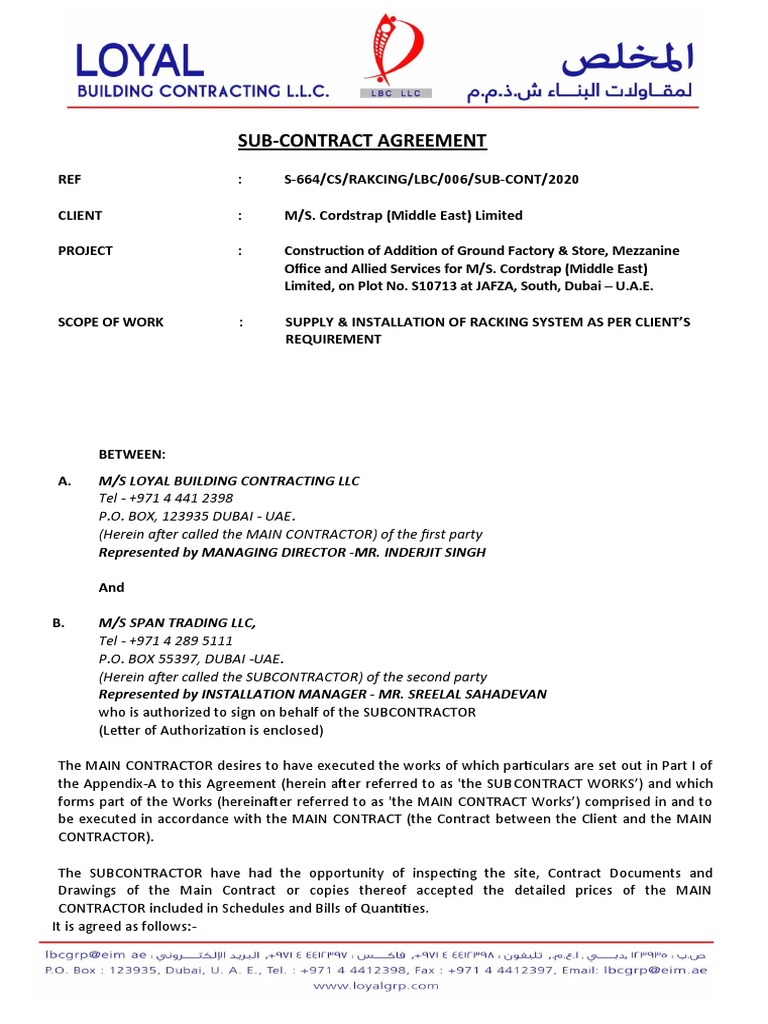 Cord Strap Subcontract LBC-SPAN RACKING | PDF | Indemnity | Liability ...