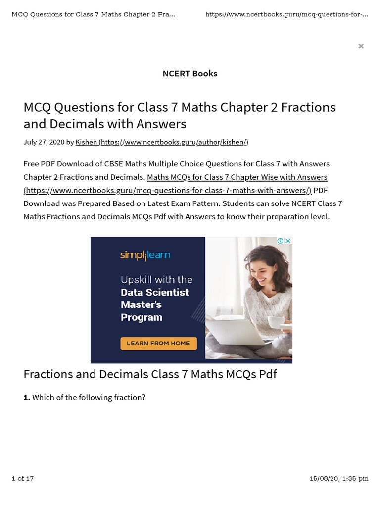 MCQ 7th STD Math Decimal and Fraction | PDF | Multiple Choice ...