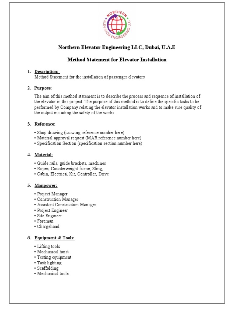 Northern Elevator Engineering LLC, Dubai, U.A.E Method Statement For Elevator Installation | PDF ...