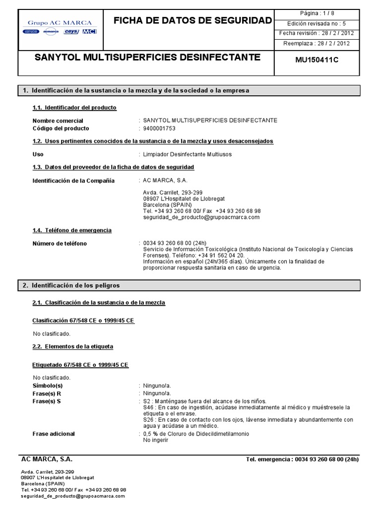 Sanytol Ficha de Seguridad | PDF | Toxicidad | Agua