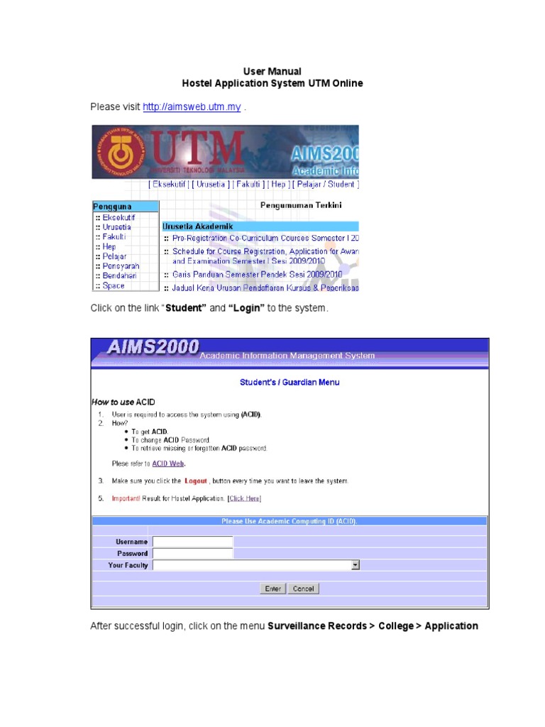 User Manual Hostel Application System UTM Online Please Visit | PDF