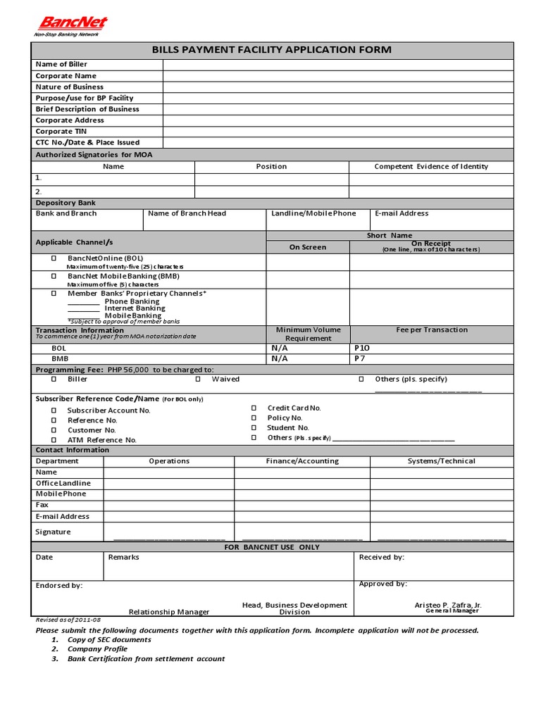 Bills Payment Facility Application Form | PDF | Fee | Banks