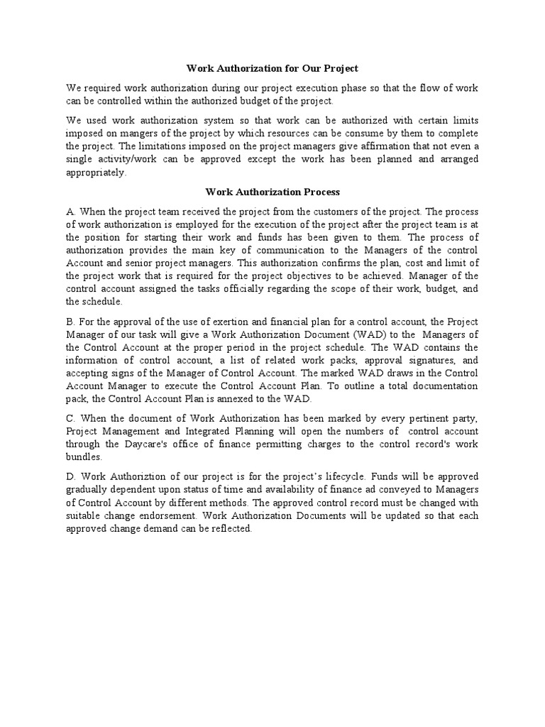 Work Authorization Process for Project Execution and Resource Control ...