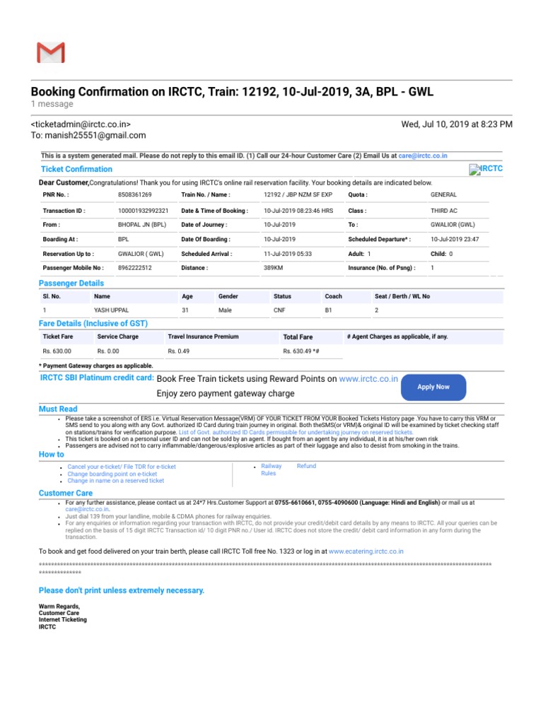Gmail - Booking Confirmation On IRCTC, Train - 12192, 10-Jul-2019, 3A ...