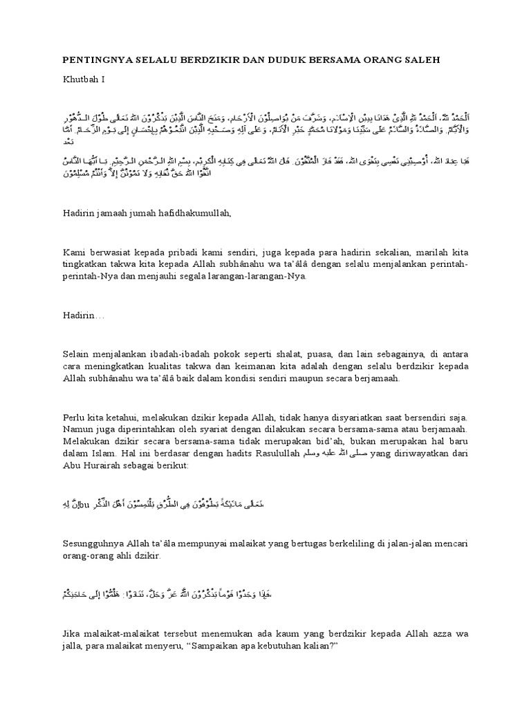 Pentingnya Selalu Berdzikir Dan Duduk Bersama Orang Saleh | PDF