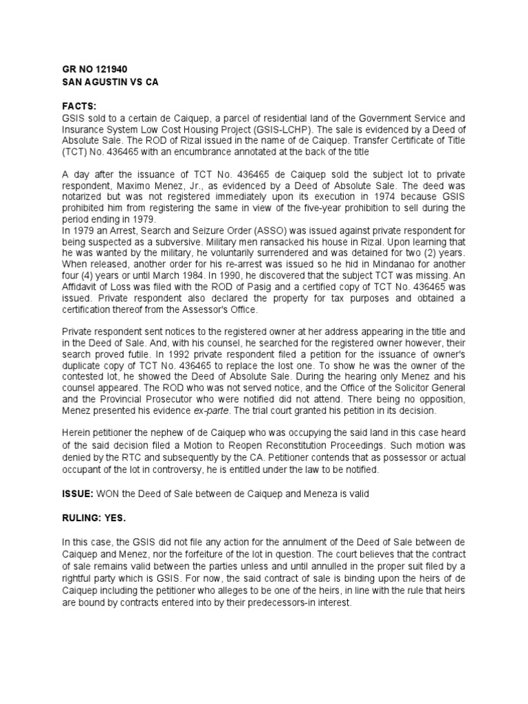 SUCC - San Agustin Vs CA | PDF | Deed | Lawsuit