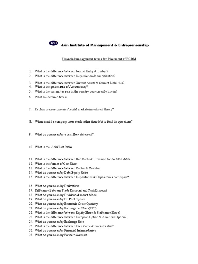 Financial Management Terms For Placement of PGDM | PDF | Discounting ...