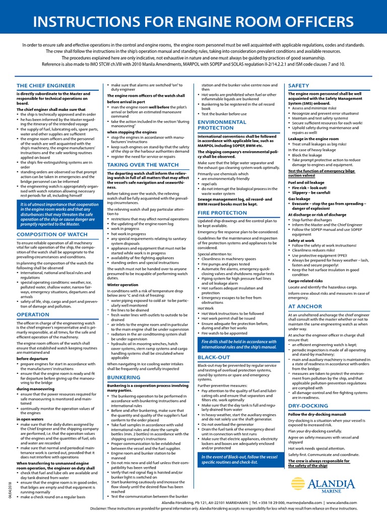 Instructions For Engine Room Officers: Safety The Chief Engineer | PDF ...