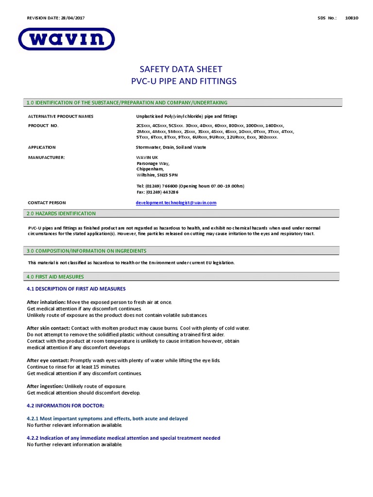 Safety Data Sheet Pvc-U Pipe and Fittings: 1.0 Identification of The ...