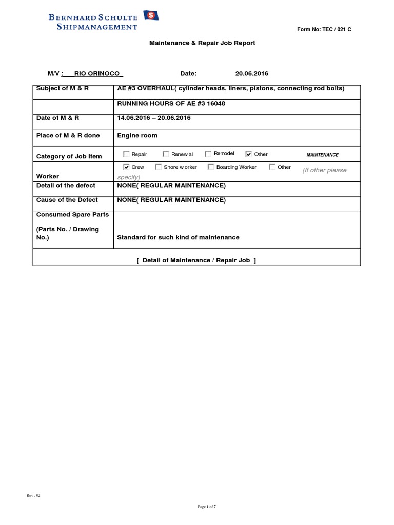 Yanmar Auxiliary Engine Overhaul Report | PDF | Piston | Cylinder (Engine)