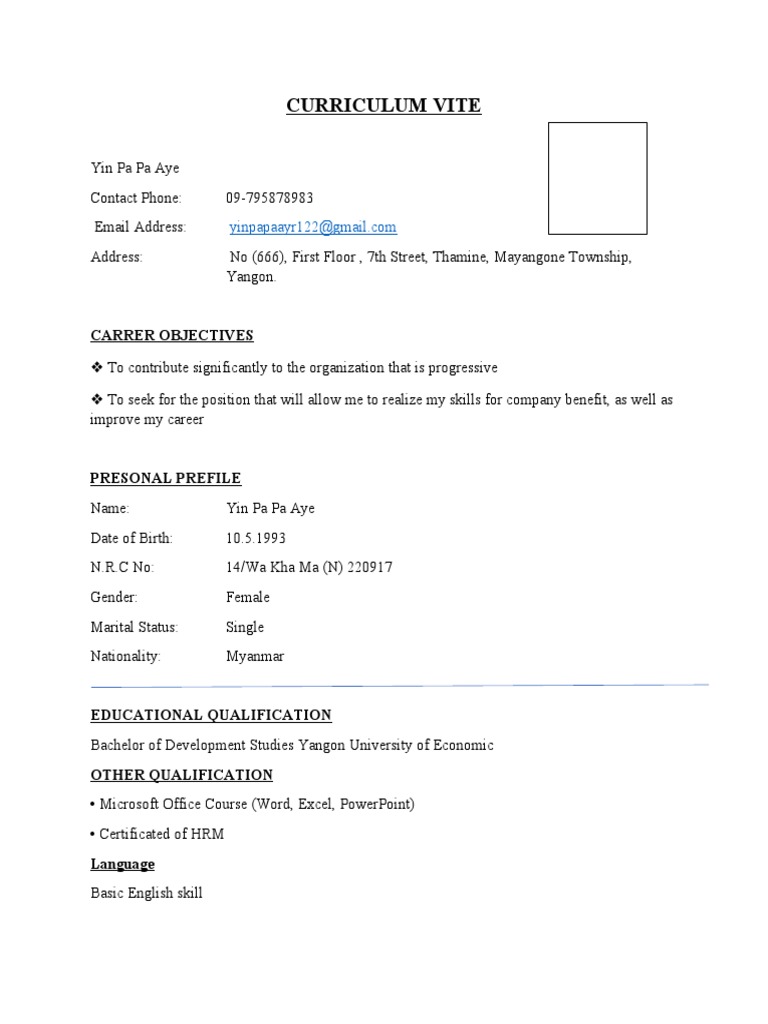 CV Form Yin Pa Pa Aye | PDF