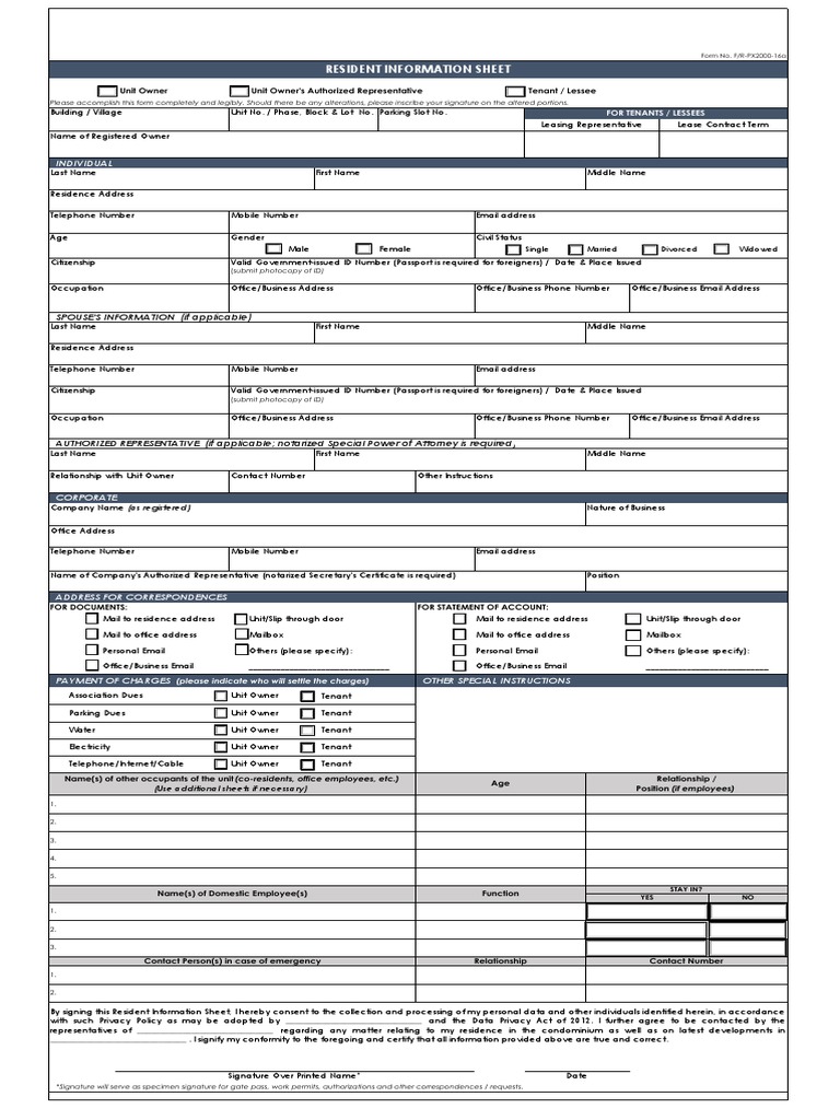 Resident Information Sheet - Building - Fillable v2 PDF | PDF ...