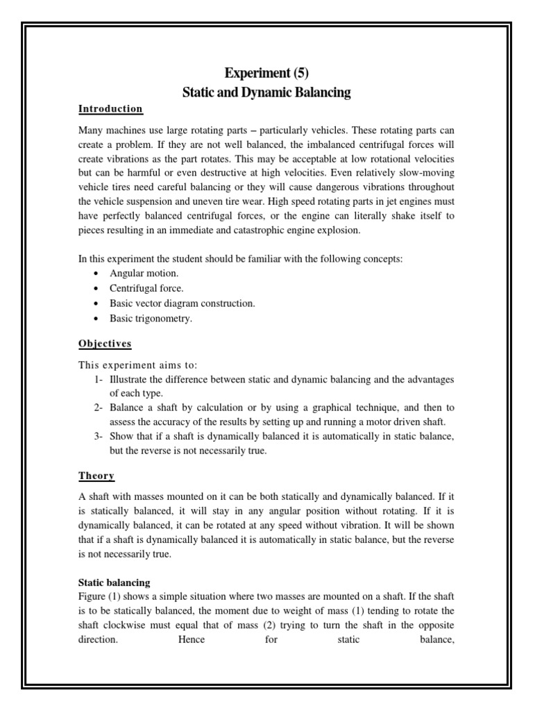 Experiment (5) Static and Dynamic Balancing | PDF | Equations | Classical Mechanics