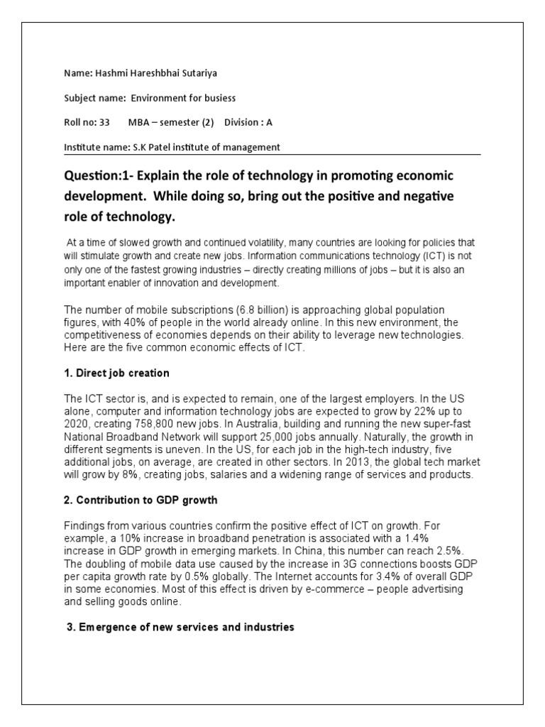 Question:1-Explain The Role of Technology in Promoting Economic ...