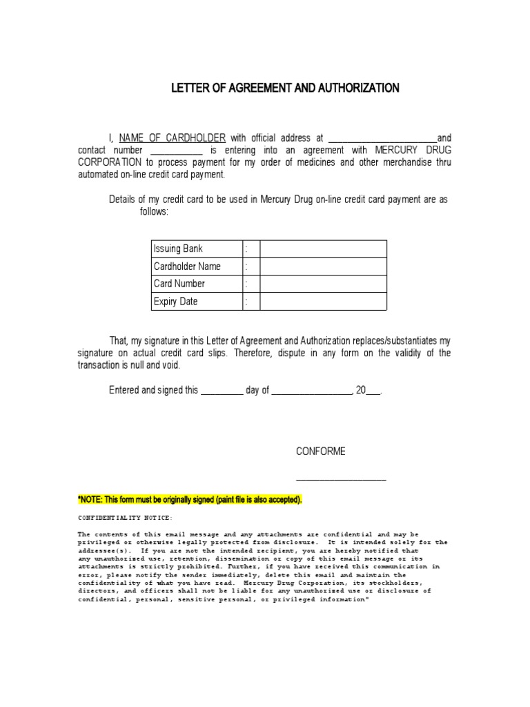 Letter of Agreement and Authorization: NOTE: This Form Must Be ...
