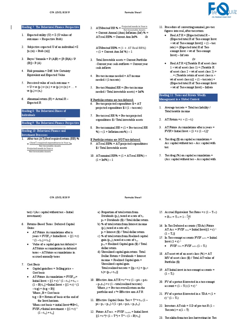 CFA Level III 2019 Formula Sheet | PDF | Tax Rate | Cost Basis