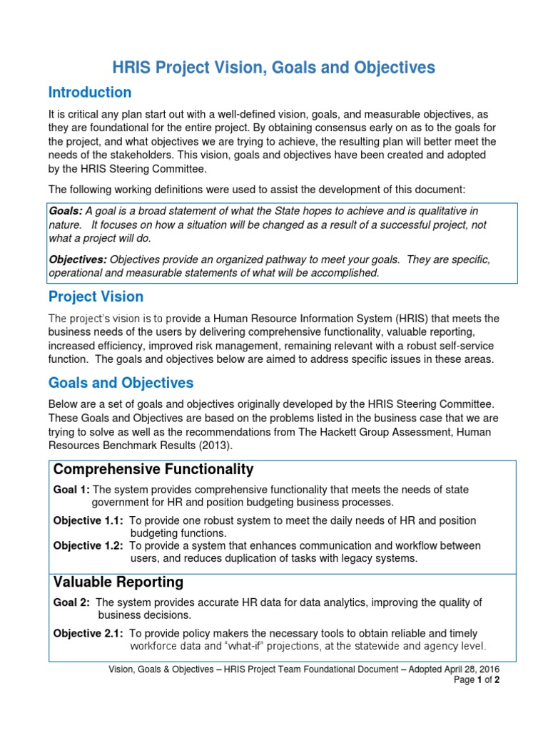 Workday Project Vision, Goals, and Objectives | PDF | Goal ...