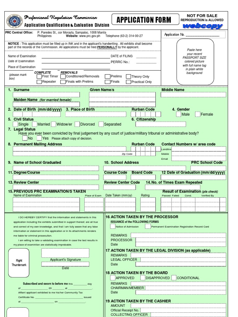 PRC Licensure Exam Application Form | PDF | Test (Assessment)