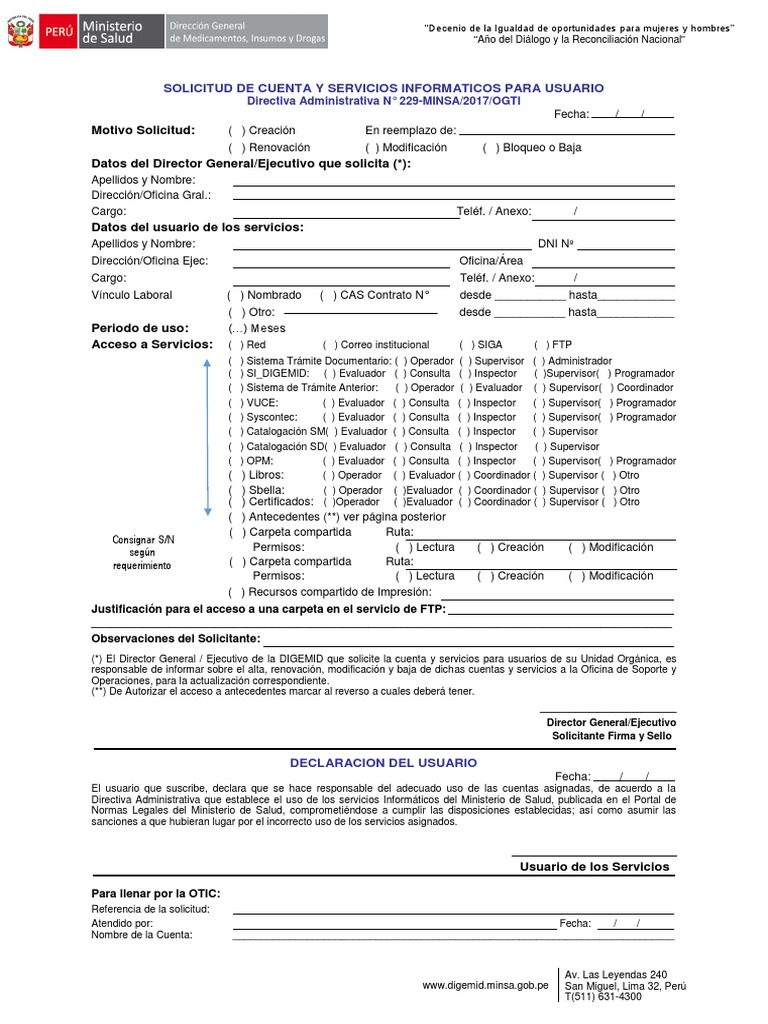 DIGEMID 001 - Formato de Solicitud de Cuenta y Servicios para Usuario y FTP | PDF | Usuario ...