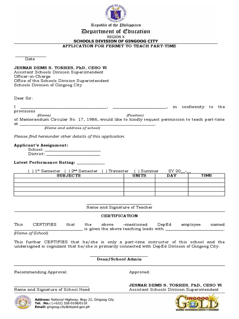 Part-Time Teaching Permit Application | PDF | Career & Growth