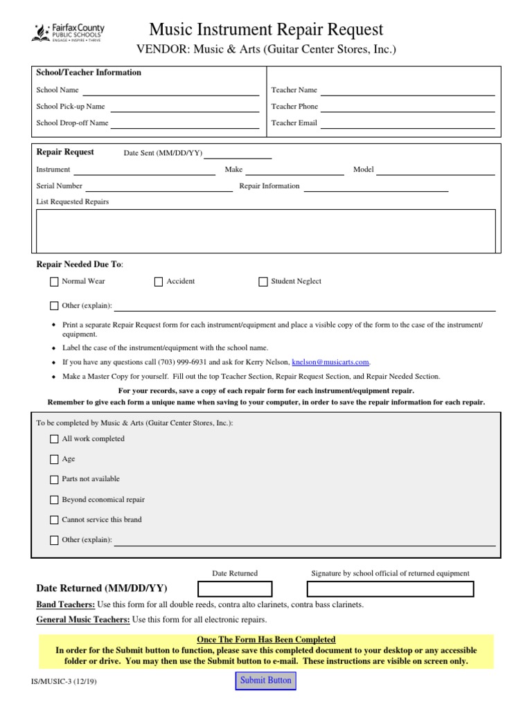 Music Instrument Repair Request: VENDOR: Music & Arts (Guitar Center ...