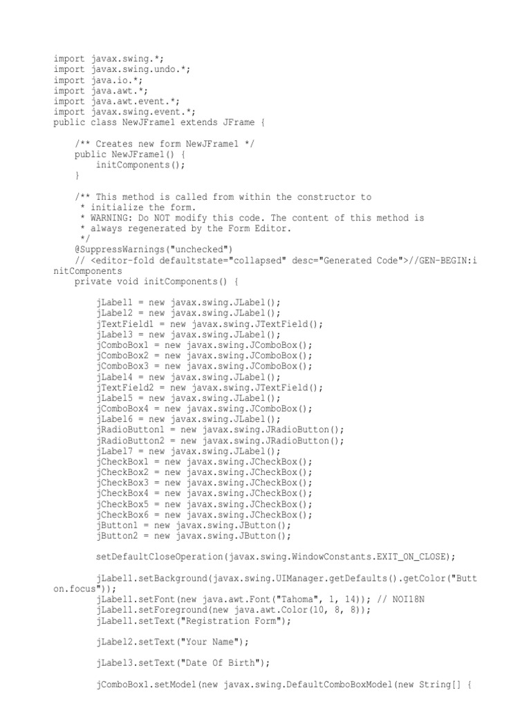 Java Swing Registration Form | PDF | Computer Programming | Software Engineering