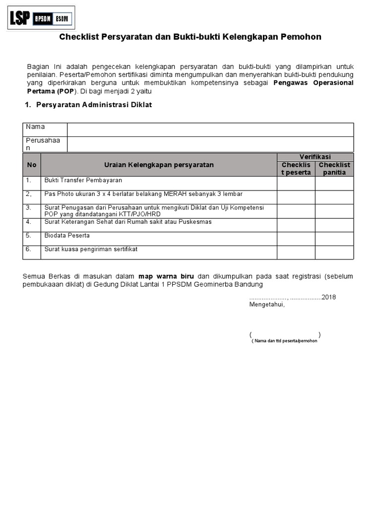 Checklist Persyaratan Dan Bukti Untuk POP | PDF