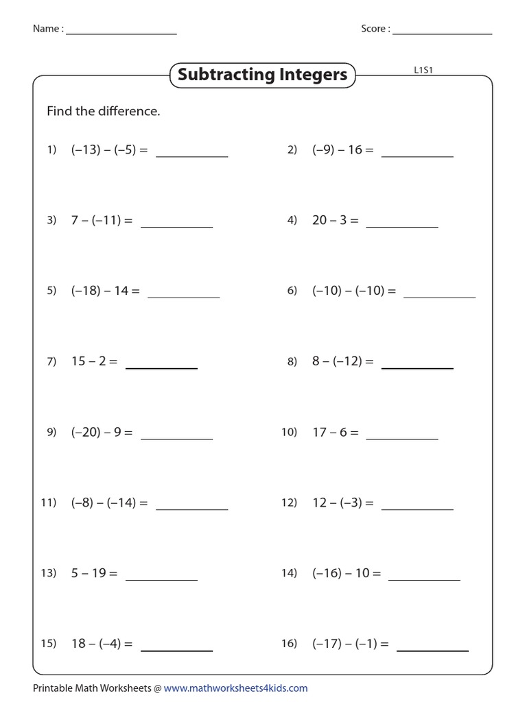 5 Subtraction Of Integers PDF