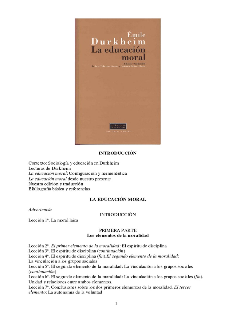 Durkheim - La Educación Moral, Introduccion | PDF | Emile Durkheim | Sociología
