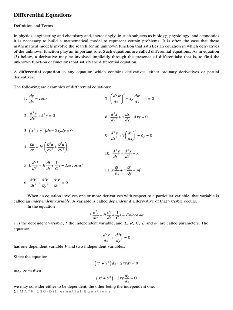Handout 1 Basic Concepts and Elimination of Arbitrary Constants | PDF | Differential Equations ...