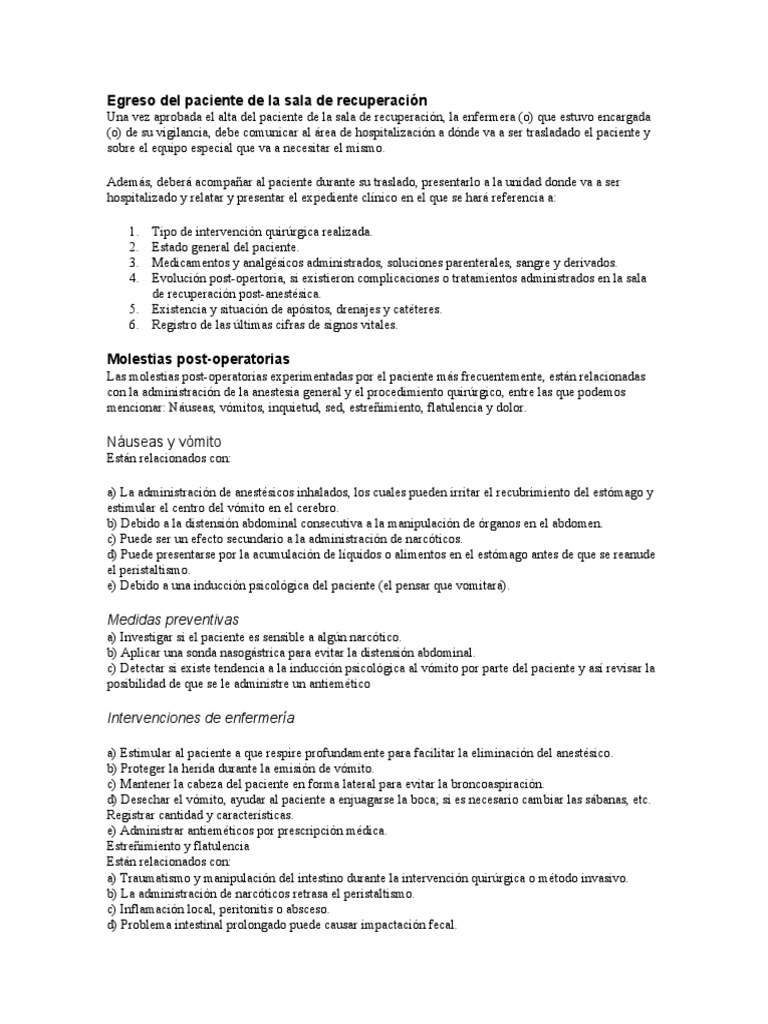 Egreso Del Paciente de La Sala de Recuperación | PDF | Dolor | Medicina ...