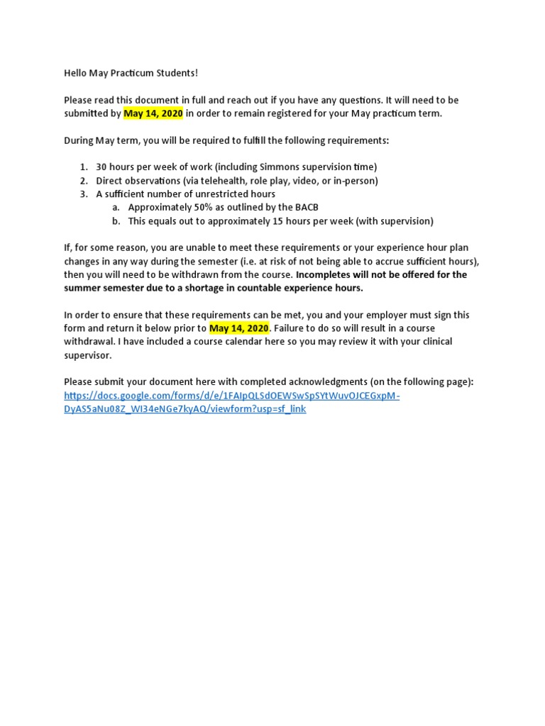 May Intensive Practicum - Clinical Supervisor Acknowledgment | PDF