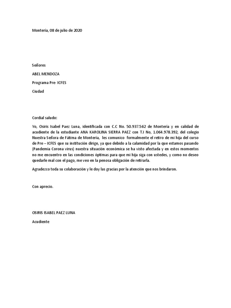 Carta Retiro Pre - Icfes | PDF