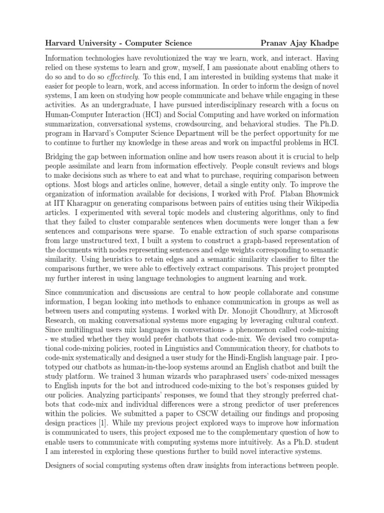 Pranav SOP Harvard 2 | Download Free PDF | Human–Computer Interaction | Artificial Intelligence