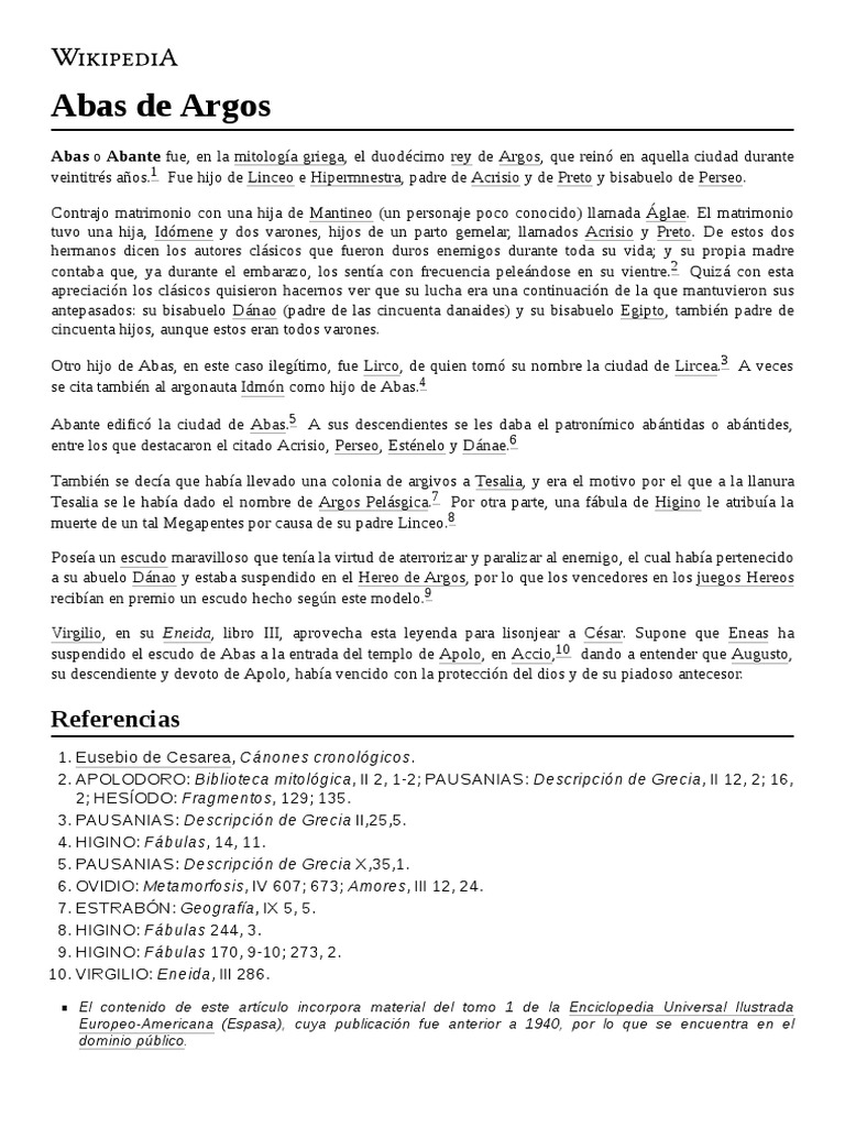 Abas de Argos | PDF | Mitología De Argólida | Religión Griega Antigua