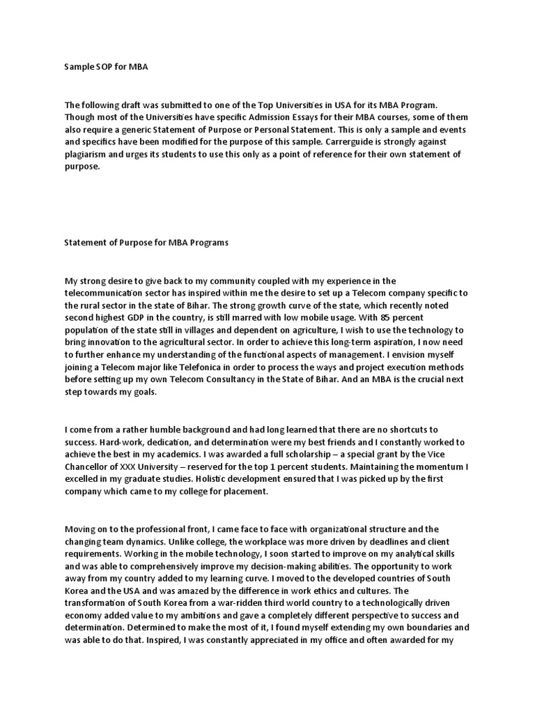 Sample Sop | PDF | Entrepreneurship | Master Of Business Administration