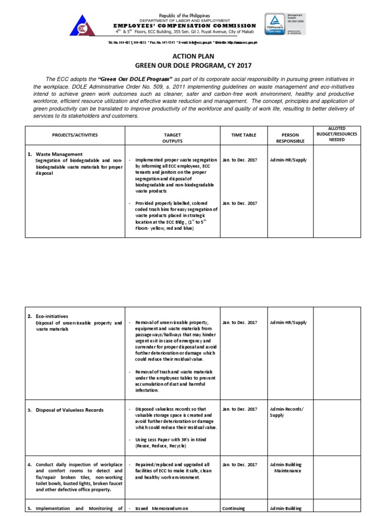 Green Initiatives for a Sustainable Workplace: The ECC's 2017 Action Plan for the Green Our DOLE ...