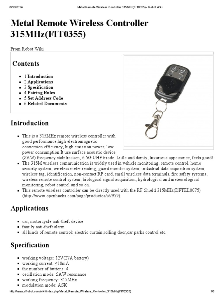 Metal Remote Wireless Controller 315mhz Dffit0355 - Robot Wiki | PDF ...