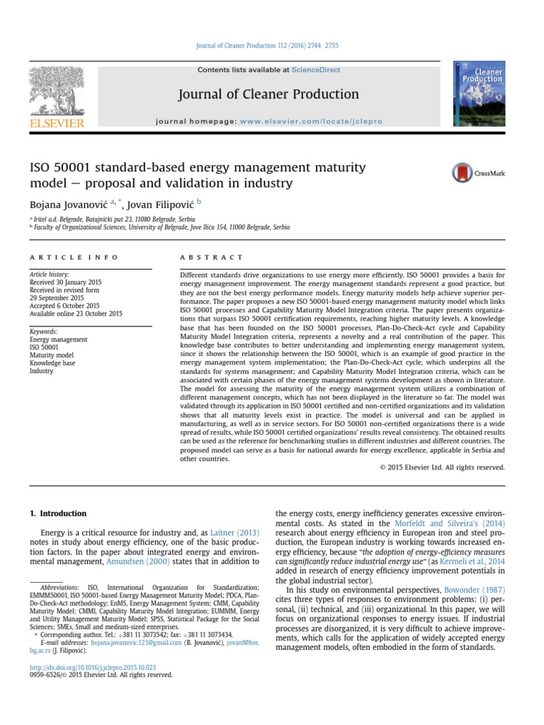 Journal of Cleaner Production: Bojana Jovanovi C, Jovan Filipovi C ...