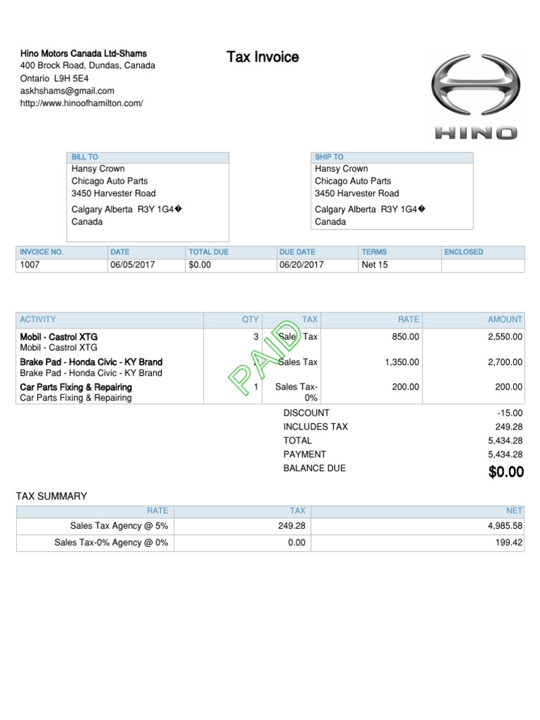 Hino Motors Canada Invoice 1007 | PDF | Land Vehicles | Car