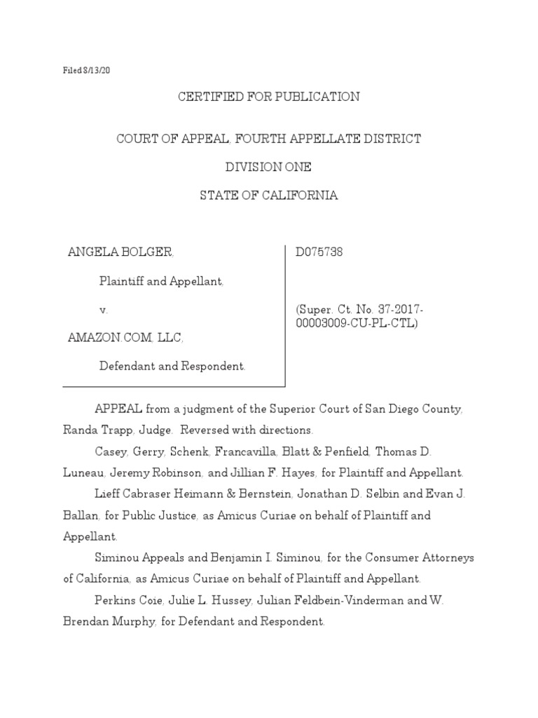 Angela Bolger v. Amazon - Com LLC Decision | PDF | Product Liability ...