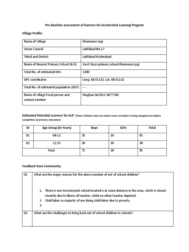 Pre-Baseline Assessment of Learners For Accelerated Learning Program ...