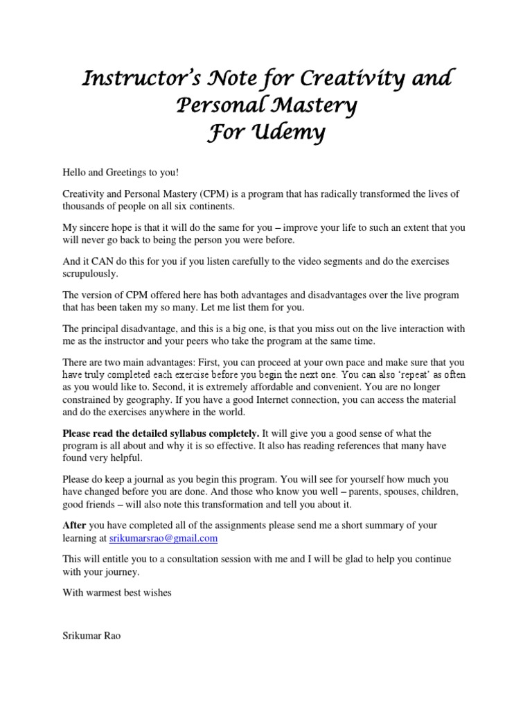 Instructor 'S Note For Creativity and Personal Mastery For Udemy | PDF