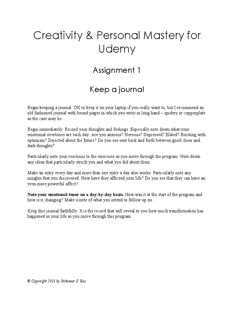 Creativity & Personal Mastery For Udemy: Assignment 1 Keep A Journal | PDF