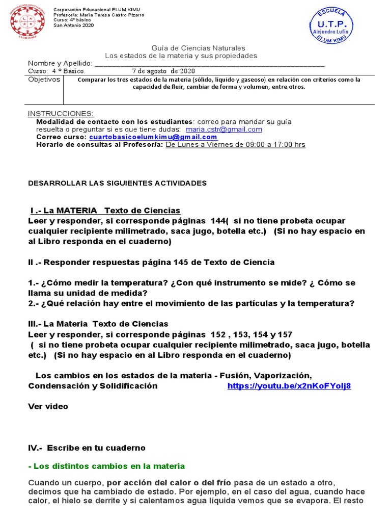 4 ° Guía de Ciencias Naturales LA MATERIA | PDF | Propiedades del agua ...