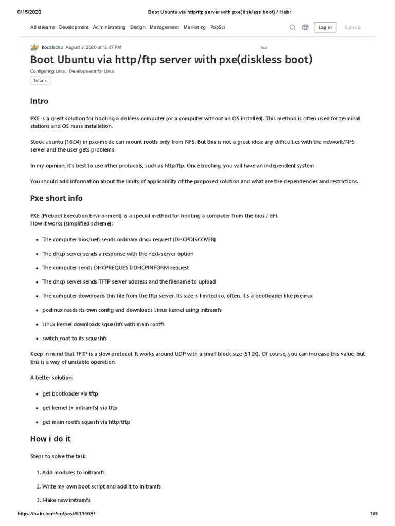 Boot Ubuntu Via Ftp Server With Pxe Diskless Boot Habr Pdf Operating System