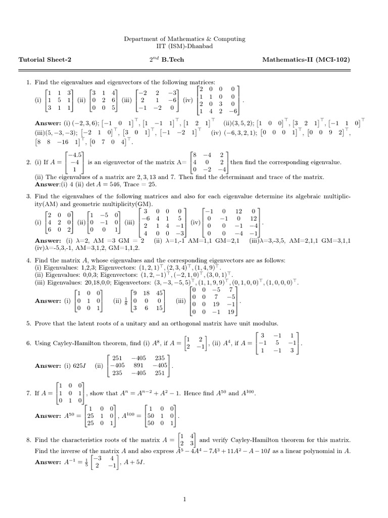 Tutorial Sheet 2 A PDF | PDF | Eigenvalues And Eigenvectors ...