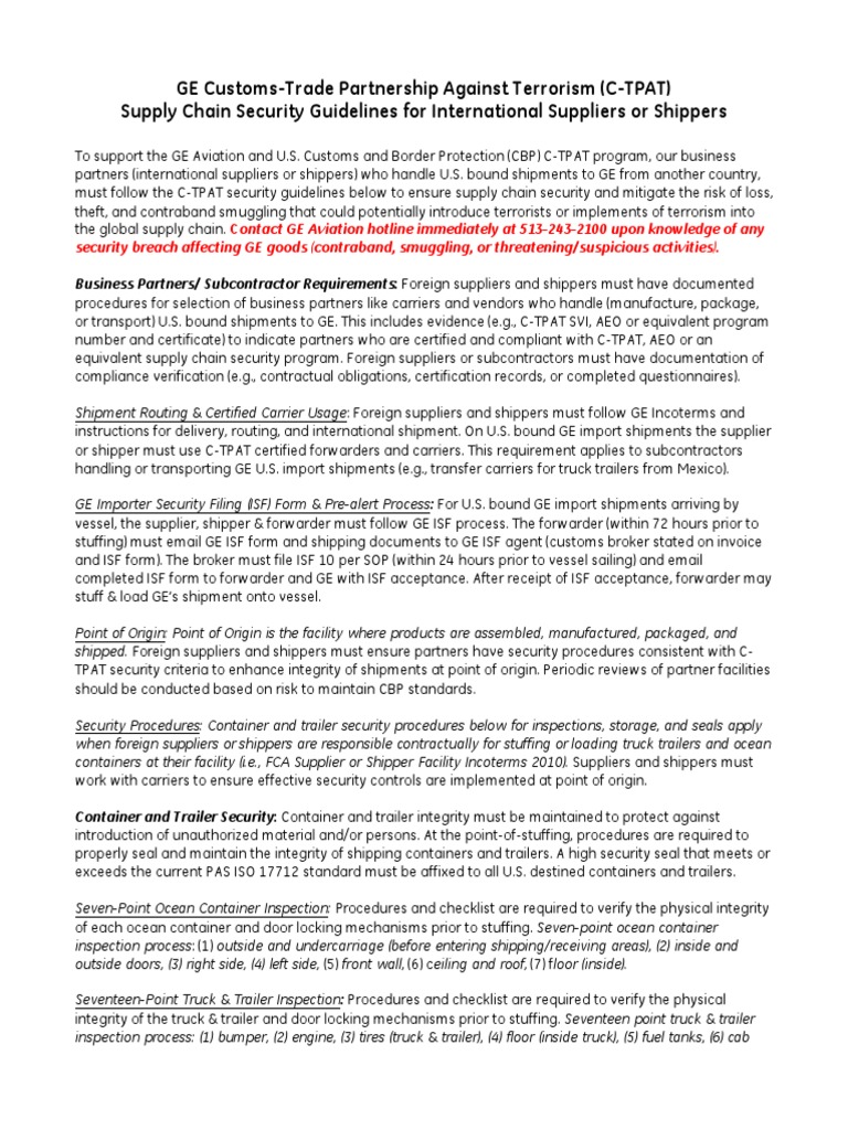 GE Customs-Trade Partnership Against Terrorism (C-TPAT) Supply Chain ...