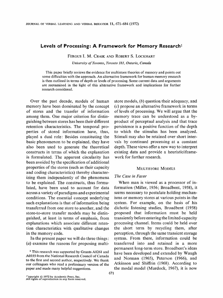 Craik Lockhart 1972 PDF | PDF | Social Science