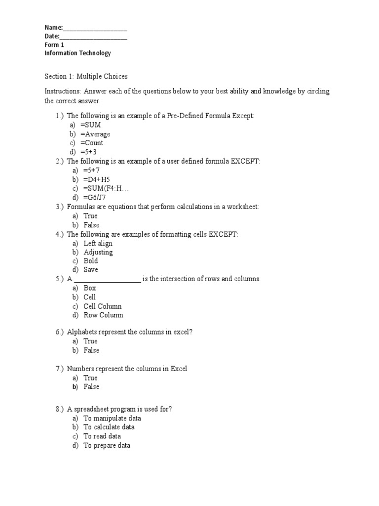 Name: - Date: - Form 1 Information Technology | PDF